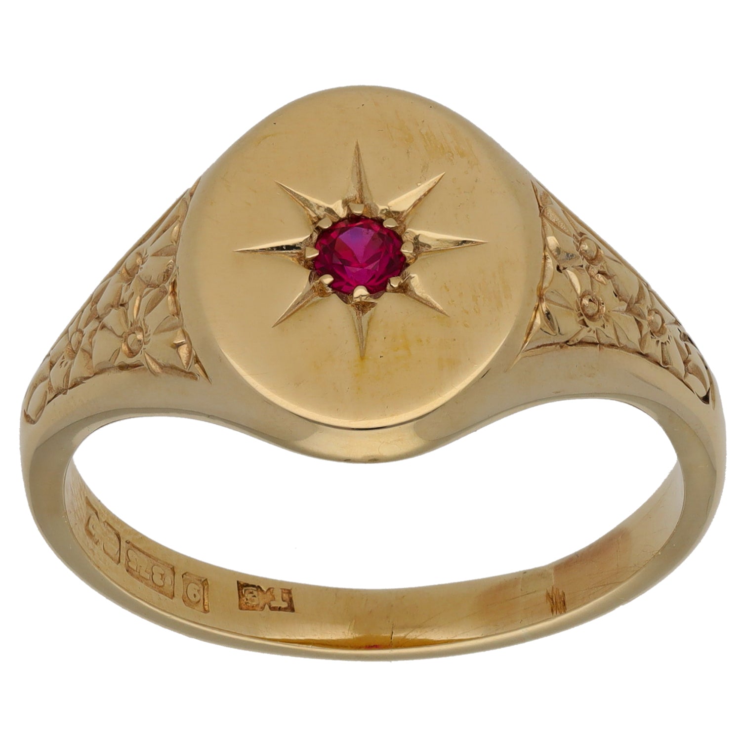 9ct Gold Man Made Ruby Single Stone Patterned Signet Ring Size W | H&T