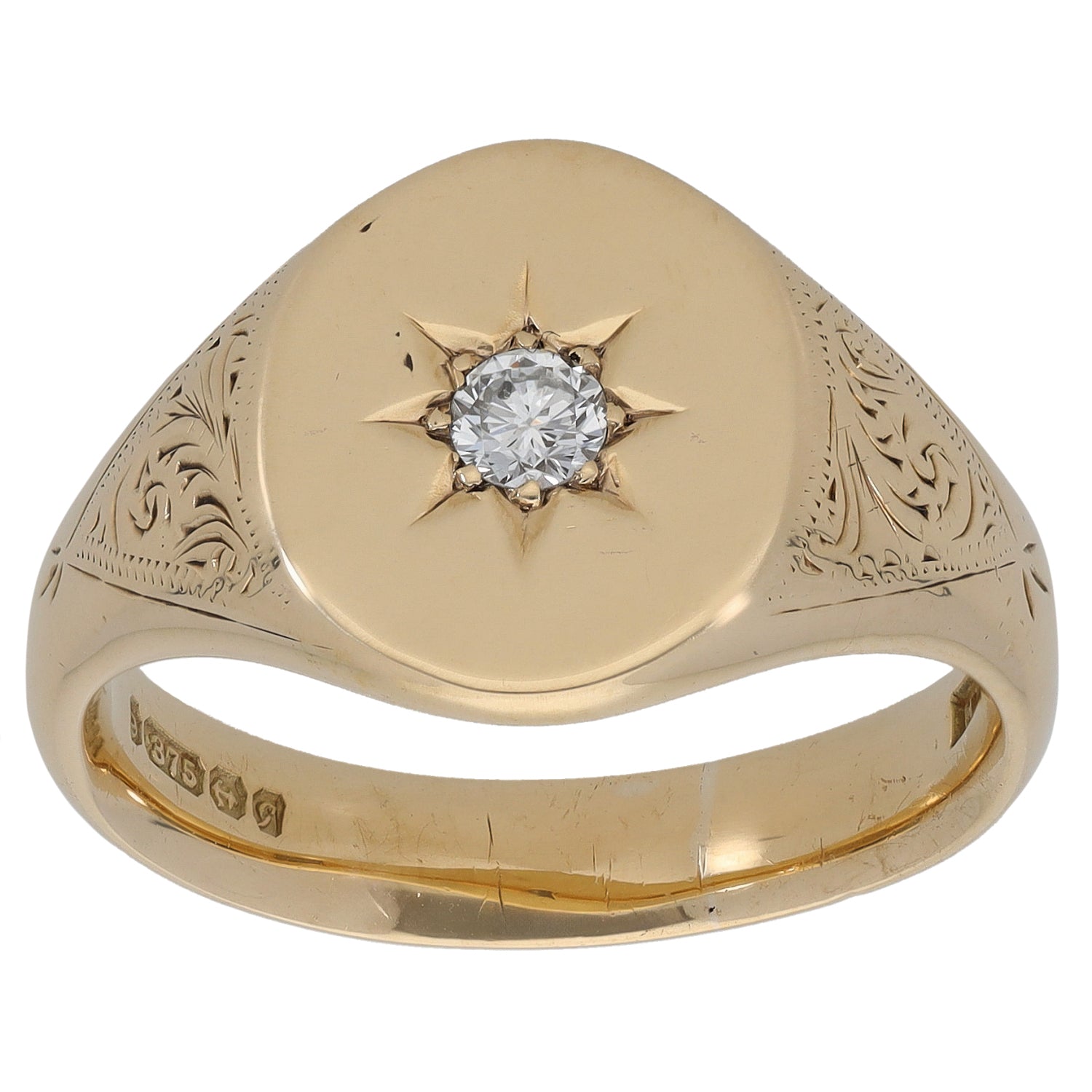 9ct Gold 0.20ct Diamond Patterned Signet Ring Size V | H&T